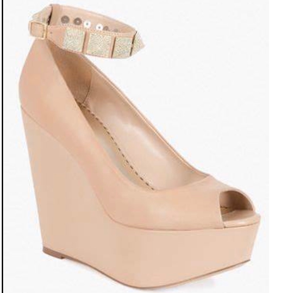 Bebe Nude Studded Ankle Strap Wedges - Gem